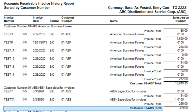 QA for for Sage 100 Example: Accounts Receivable Invoice History Report