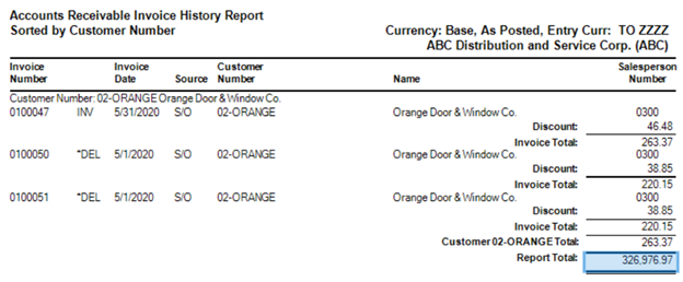 QA for for Sage 100 Example: Accounts Receivable Invoice History Report